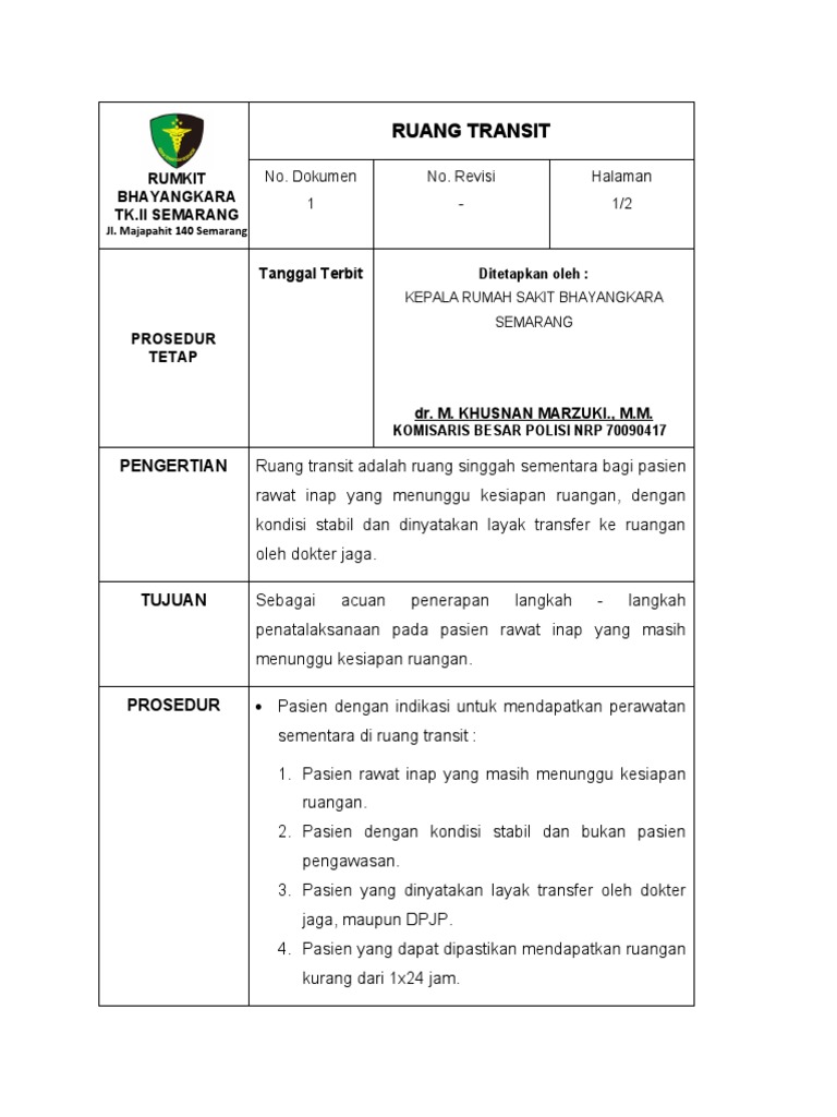 Prosedur Ruang Transit Pasien Rumah Sakit | PDF