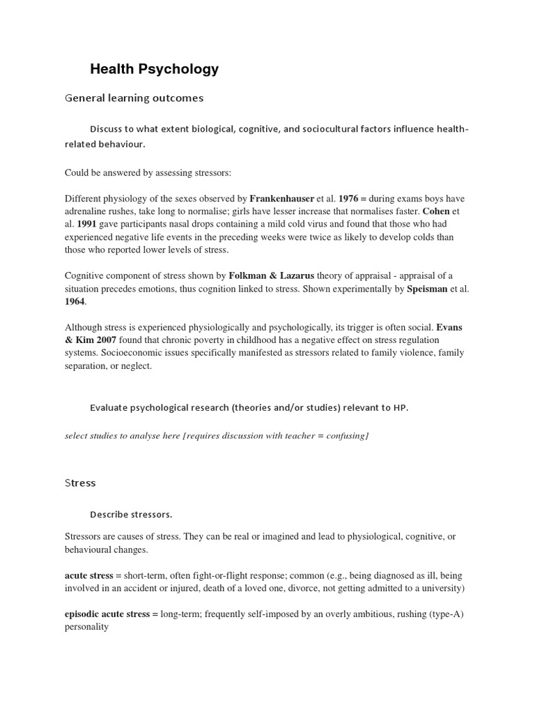 IB Psychology, Health Psychology, Learning Outcomes | PDF | Stress ...