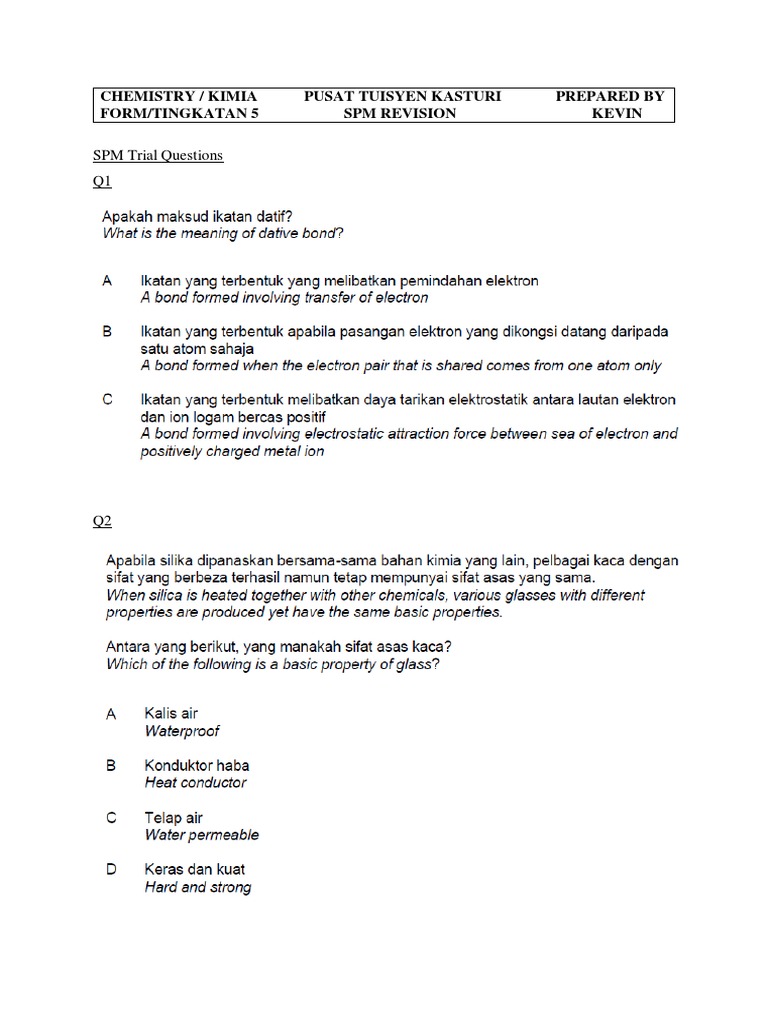 SPM Chemistry Revision 7 Questions | PDF