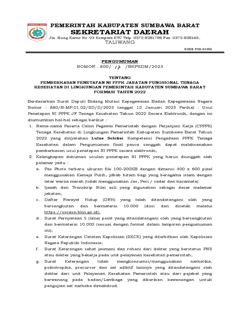 Pengumuman Pemberkasan PPPK Kesehatan 2022 | PDF