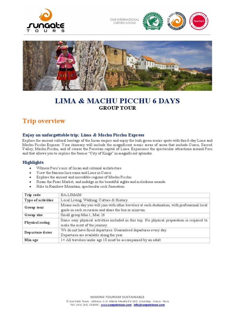 Lima Machu Picchu 6 Days | PDF | Machu Picchu | Inca Empire