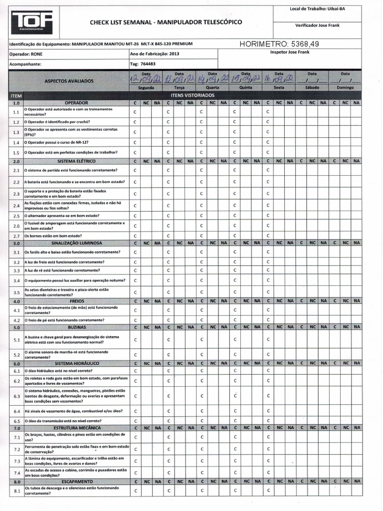Check-List - Manipulador MT-26 Manitou - Fábrica | PDF