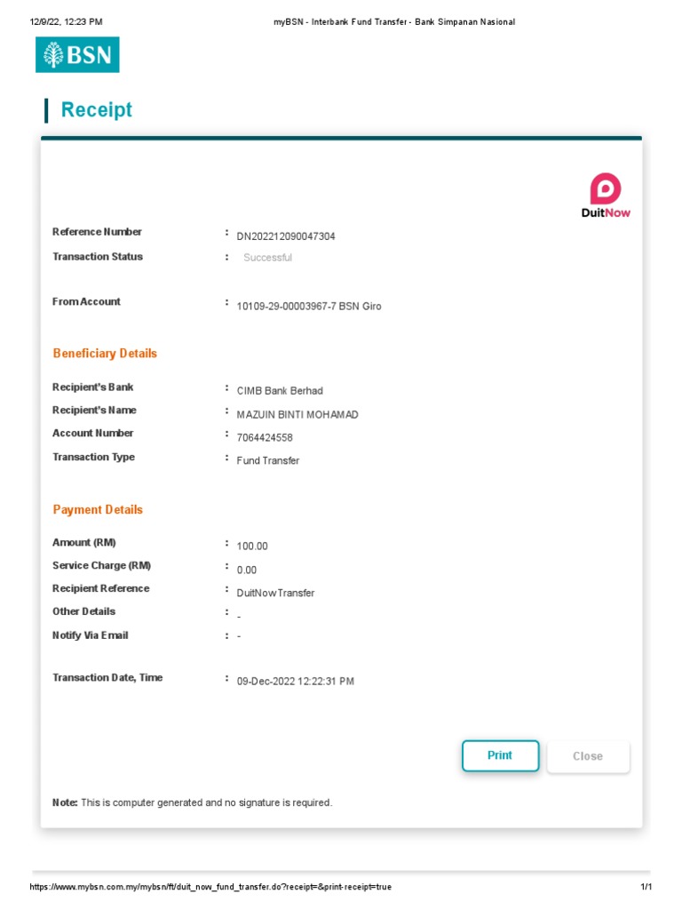 BSN DuitNow Transfer Receipt Example | PDF
