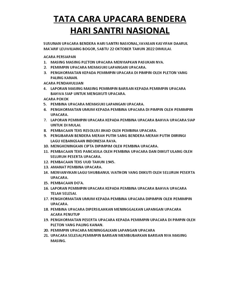 Susunan Upacara Bendera Hari Santri Nasional | PDF