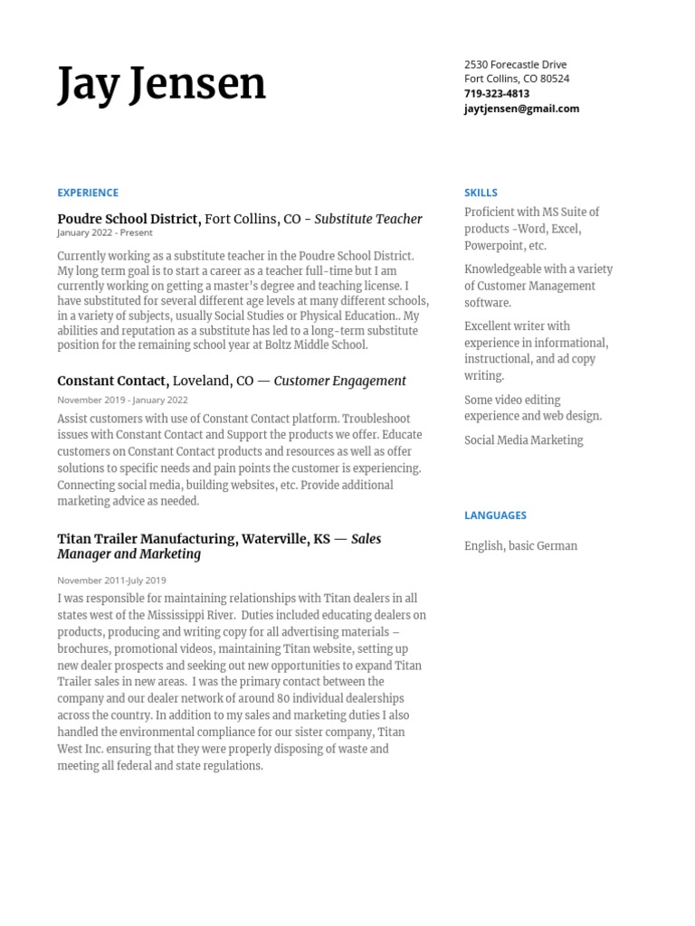 Jay Jensen Resume Updated With PSD | PDF | Teachers | Sales