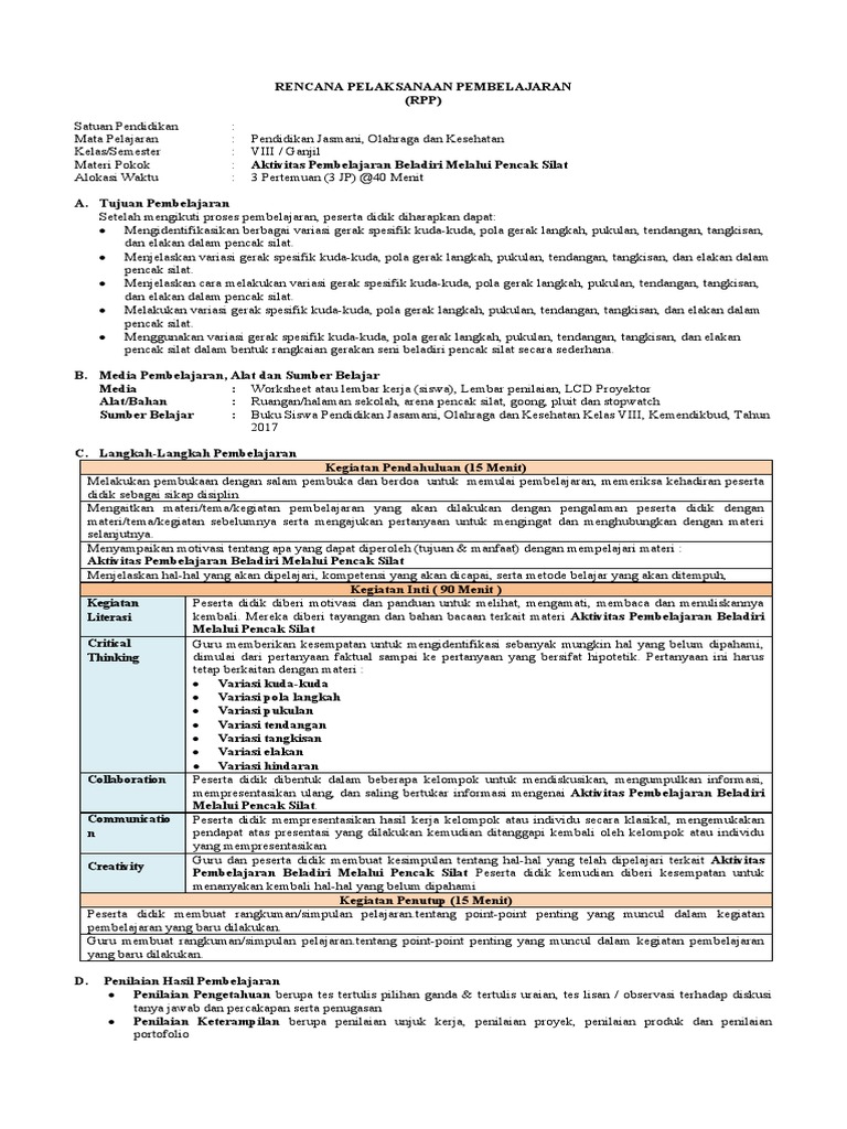 11 RPP Pencak Silat Kelas 8 | PDF