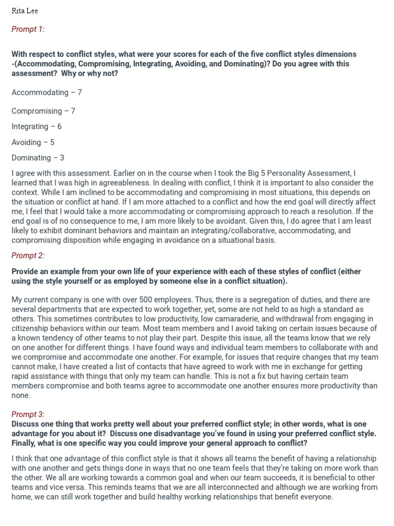 Ogl 220 Behavioral Dynamics in Organizations - Module 5 Conflict Styles ...