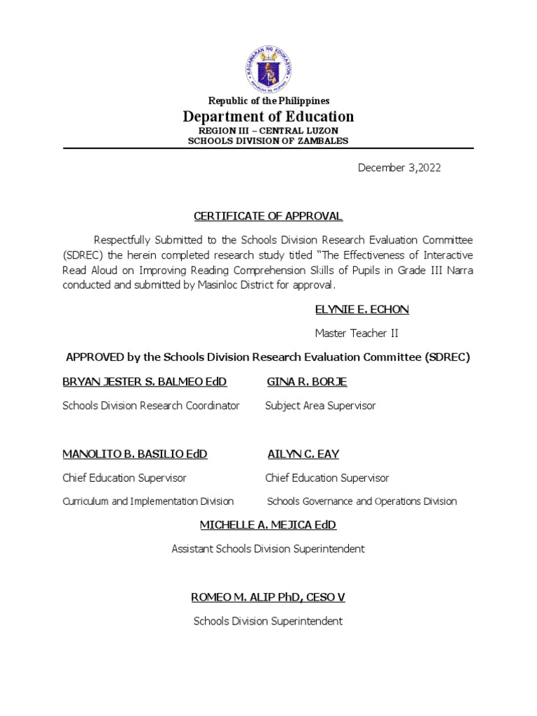 Certificate of Approval for Research Study | PDF