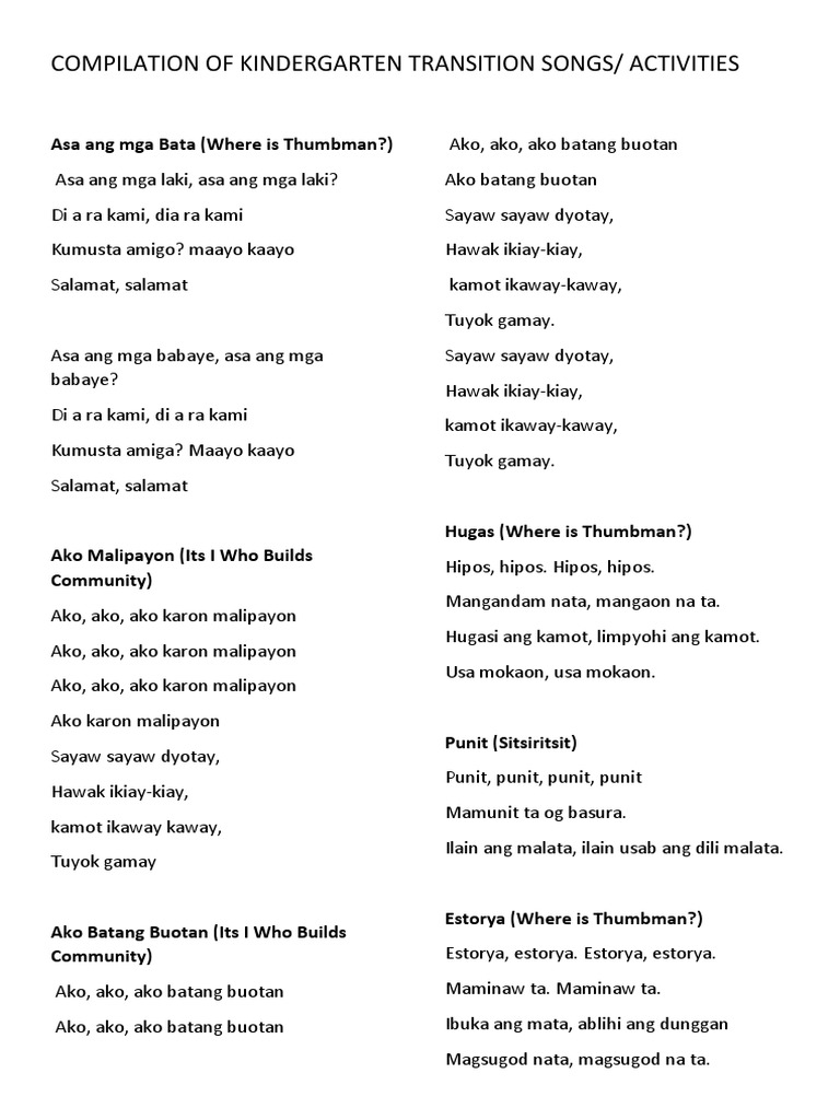 Compilation of Kindergarten Transition Songs | PDF