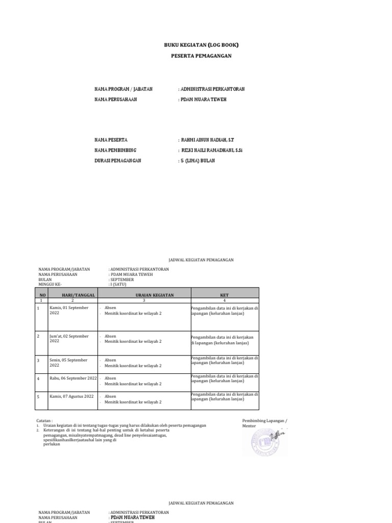 Log Book Rahmi Ainun Nadiah September 2022 | PDF