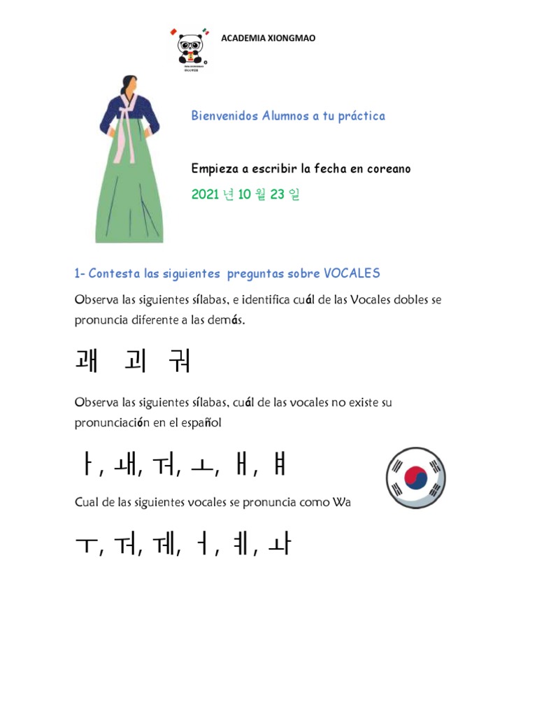 Práctica de Vocales y Consonantes Coreano | PDF