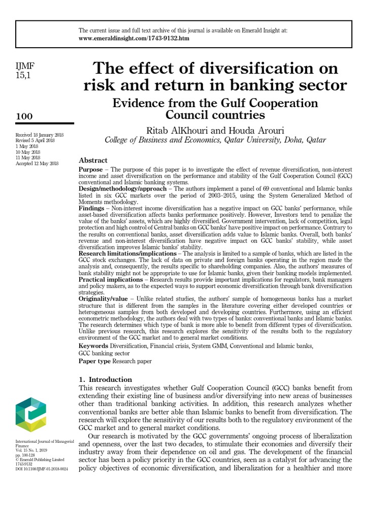 AlKhouri, Arouri - 2019 - The Effect of Diversification On Risk and Return in Banking Sector ...