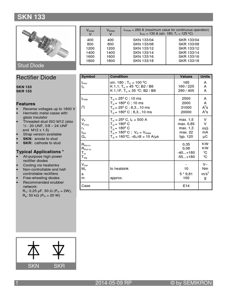 SEMIKRON DataSheet SKN 133 12 M12X1 5 02624740 | PDF | Rectifier | Diode