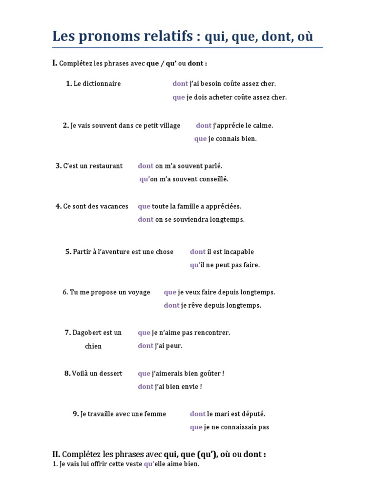 Act.11 - Les Pronoms Relatifs - Exercices | PDF | Arts du langage et ...