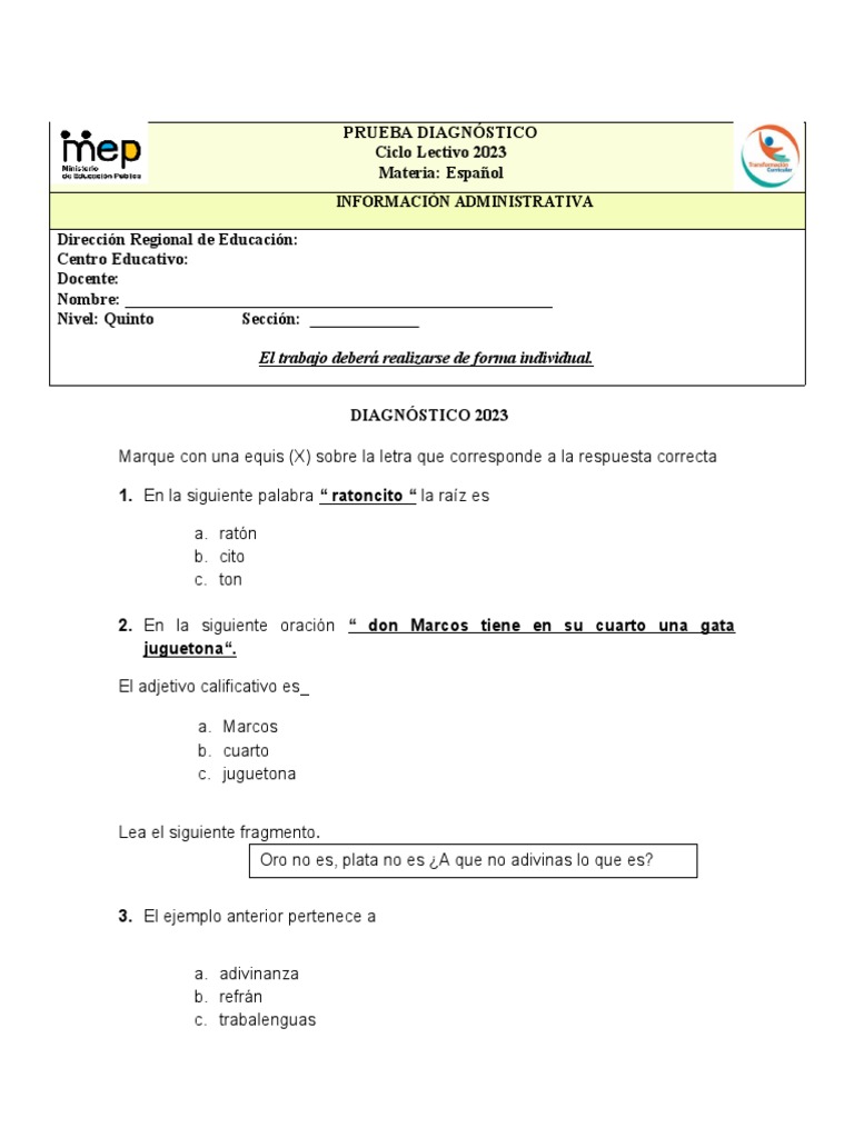Prueba Diagnóstica de Español 2 ESO | PDF | Artes del Lenguaje y ...