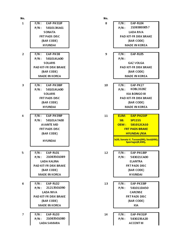 No. No.: Elim: Eap-Ph23Ip SB: SP1155 Oem: 581012CA10 FRT Pads Brake ...