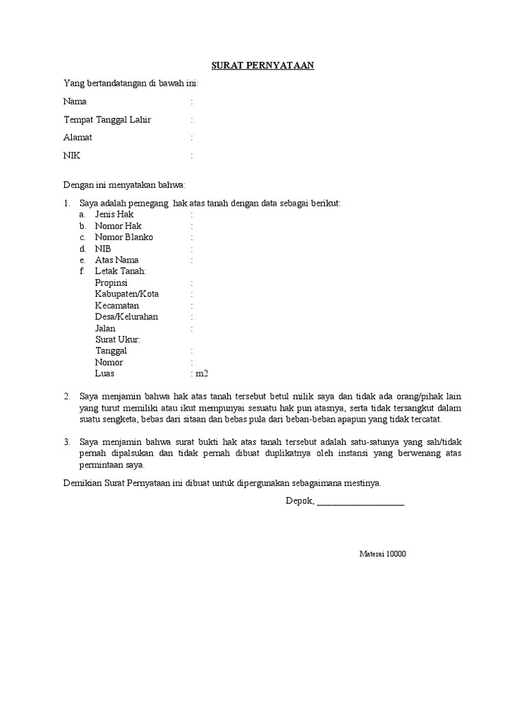 Format Surat Pernyataan Pengecekan Ke BPN | PDF