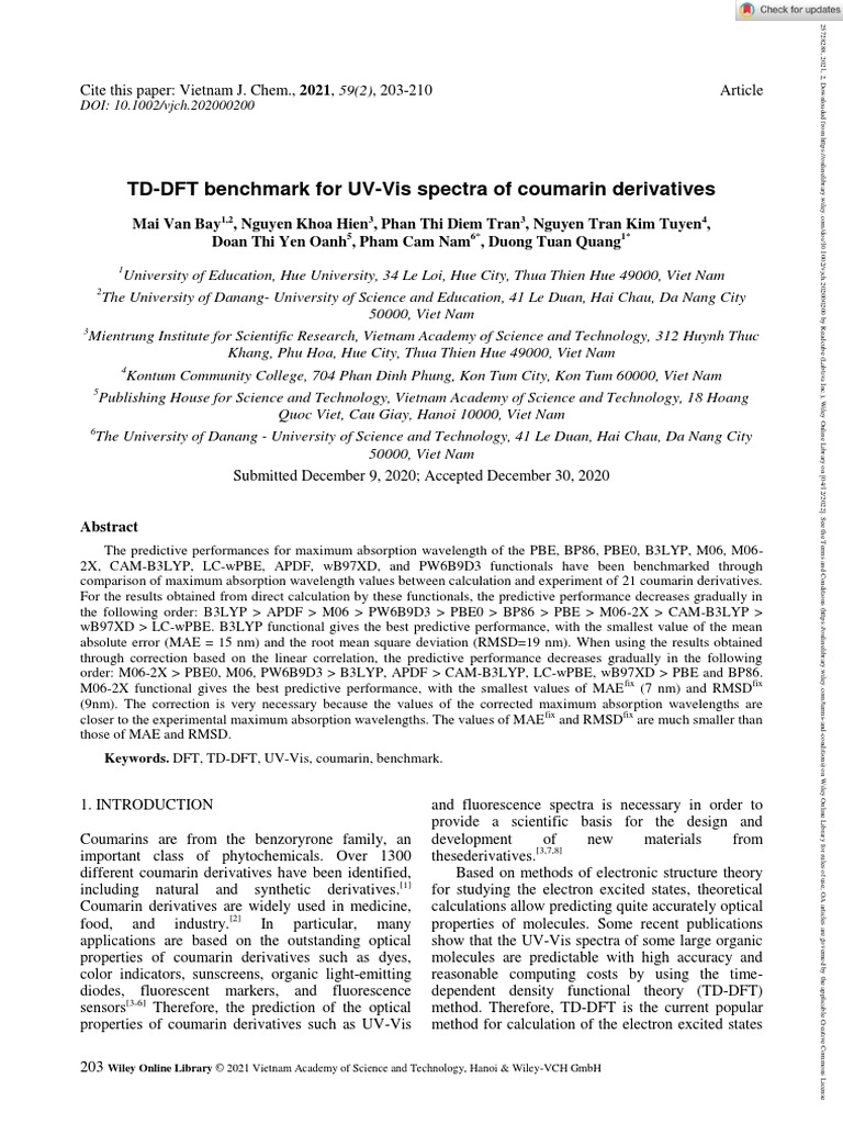 Vietnam Journal of Chemistry - 2021 - Van Bay - TD DFT Benchmark For UV ...