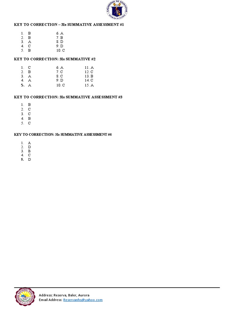 Answer Keys and Contact Information for Four Summative Assessments for 3Is Class | PDF
