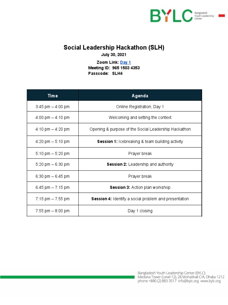 Social Leadership Hackathon Agenda | PDF | Career & Growth