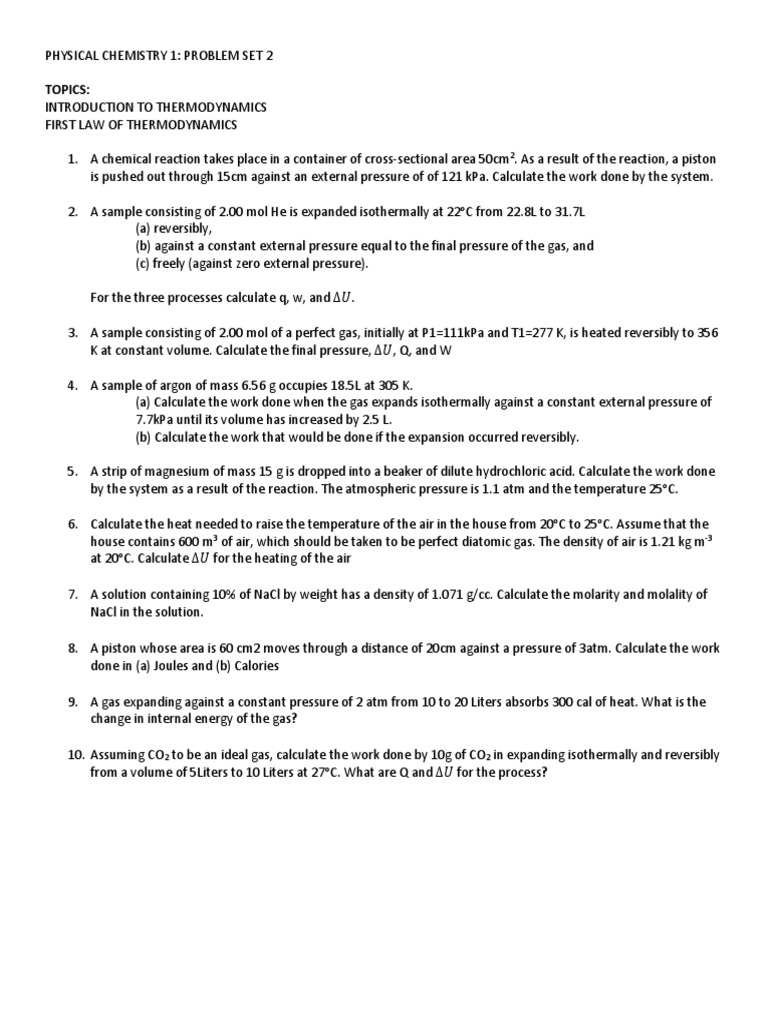 PHYSICAL CHEMISTRY 1 Problem Set 2 | PDF