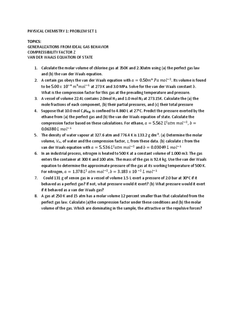 Physical Chemistry Problem Set | PDF