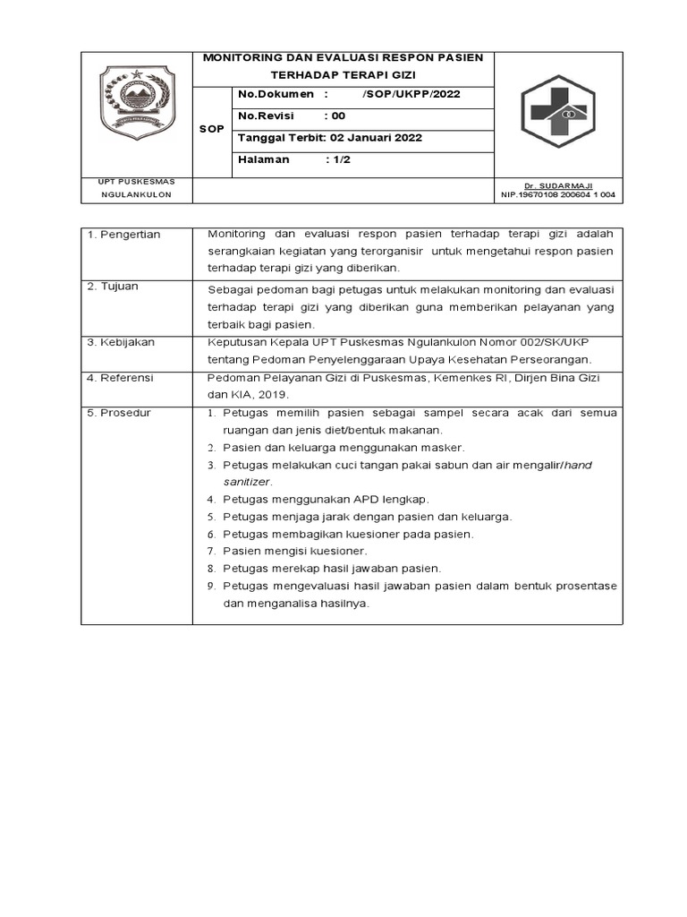 SOP Monitoring Respon Pasien Terhadap Terapi Gizi | PDF | Pengembangan Diri | Kesehatan Holistik