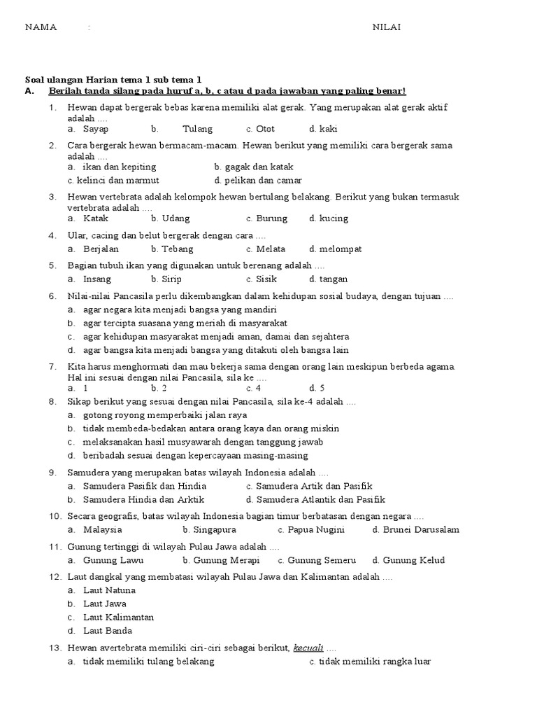 Ssoal Kelas 5 Tema 1 Subtema 1 Pdf