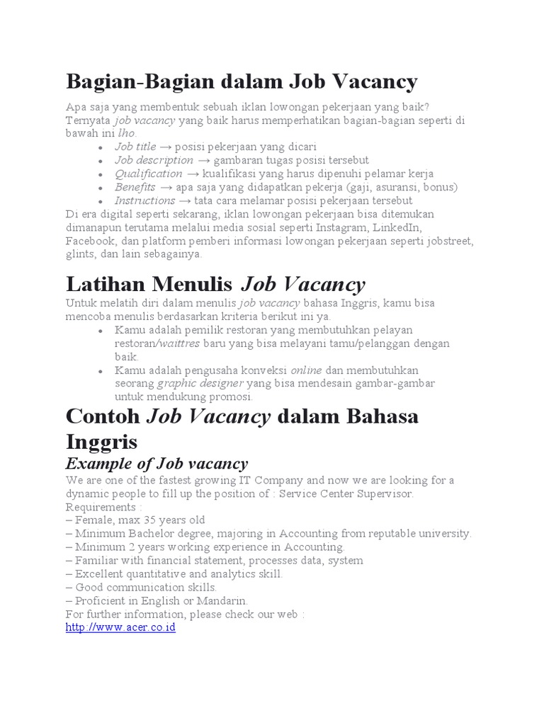 Contoh Job Vacancy dalam Bahasa Inggris | PDF
