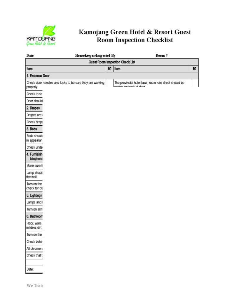 Guest Room Inspection Checklist Template | PDF | Toilet | Home