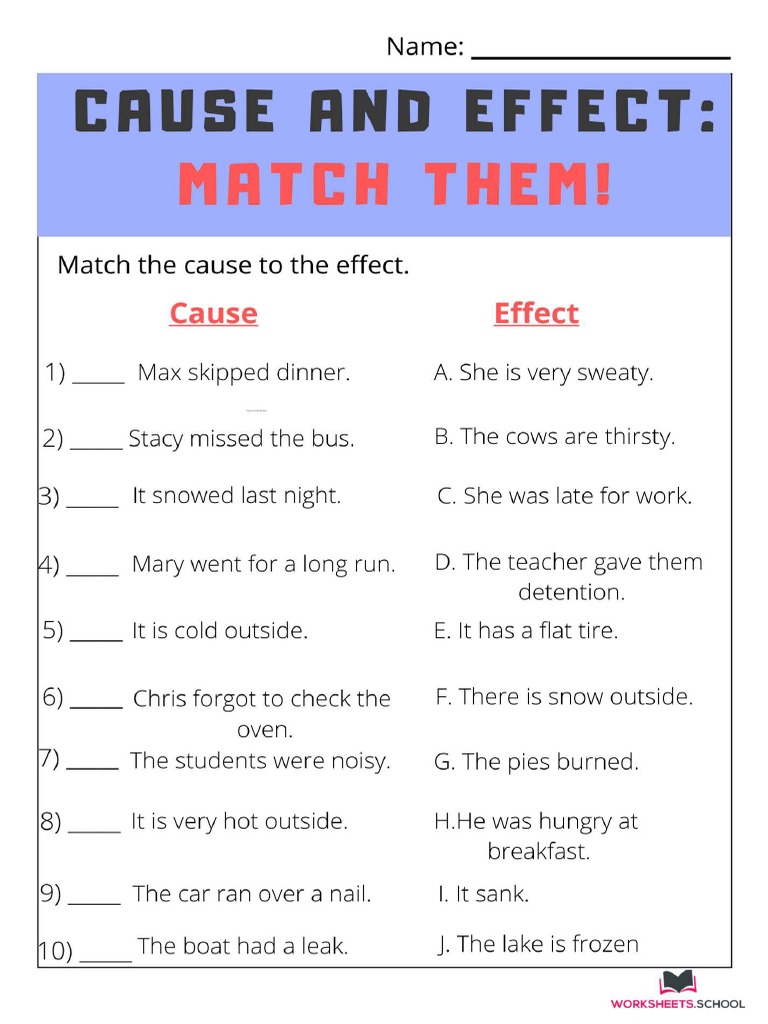 Cause and Effect Worksheet Match Them | PDF