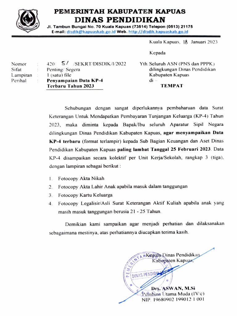 Surat Perihal Penyampaian Data KP-4 Tahun 2023 | PDF
