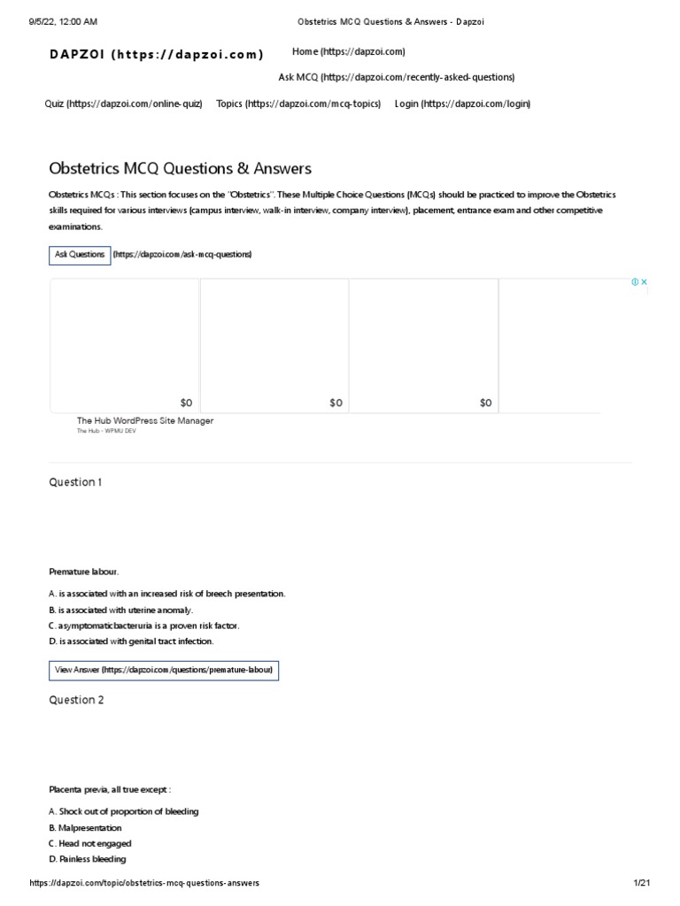 Obstetrics MCQ Questions & Answers - Dapzoi | PDF | Childbirth | Pregnancy