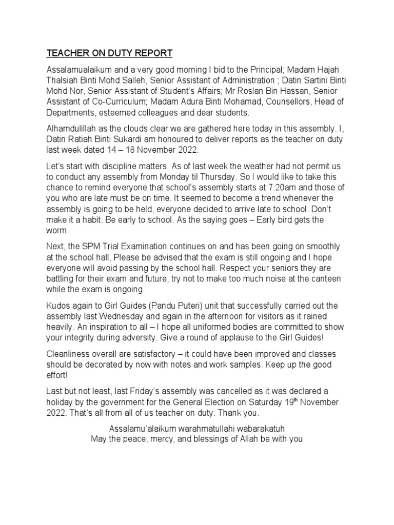 Teacher On Duty Report | PDF | Career & Growth