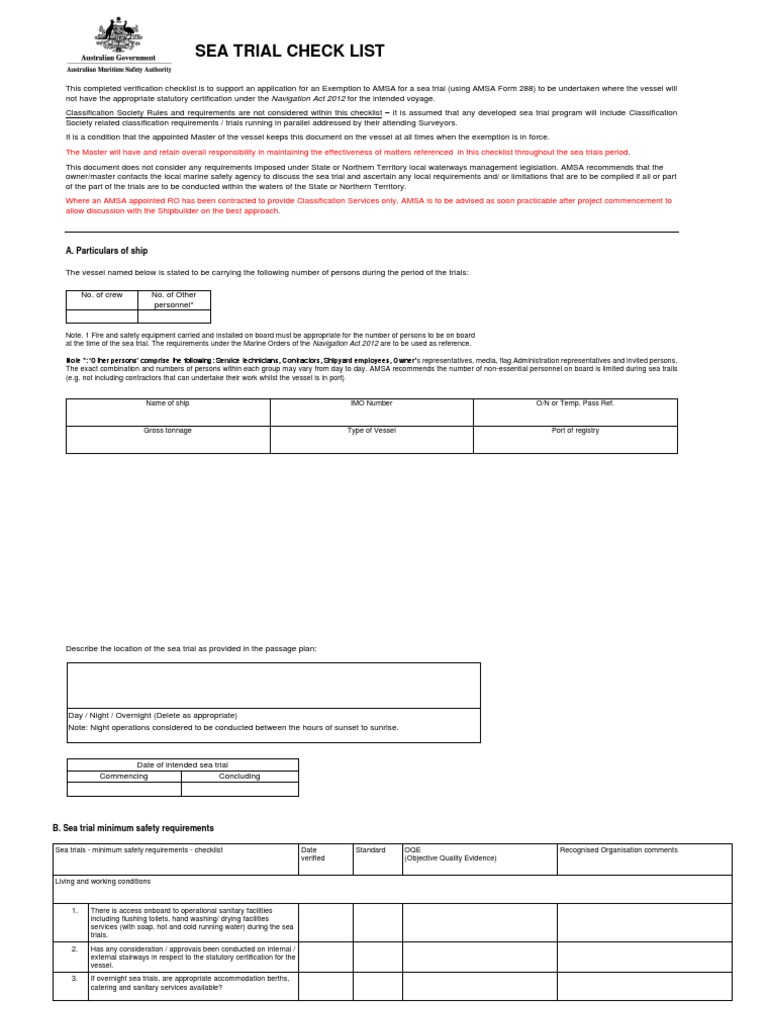 Sea Trial Safety Checklist for AMSA Exemption | PDF | Technology ...