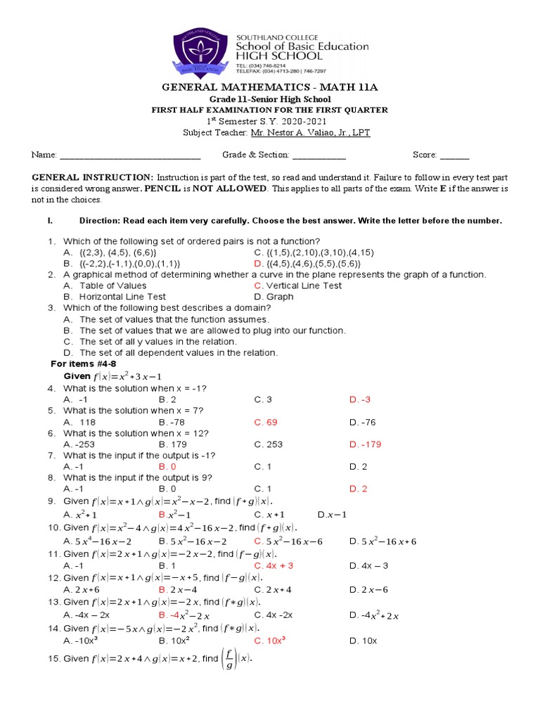 General Mathematics Prelim | PDF | Function (Mathematics) | Fahrenheit