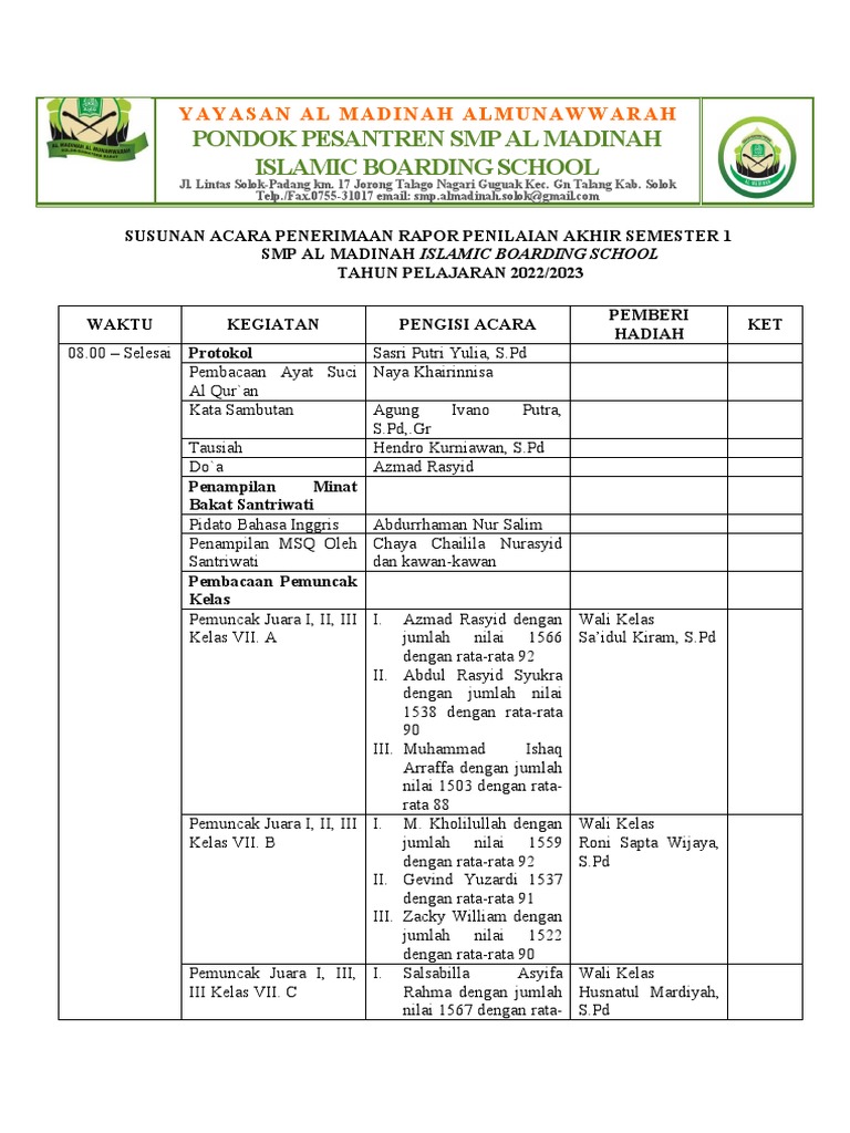 Susunan Acara Penerimaan Raport 22-23 | PDF