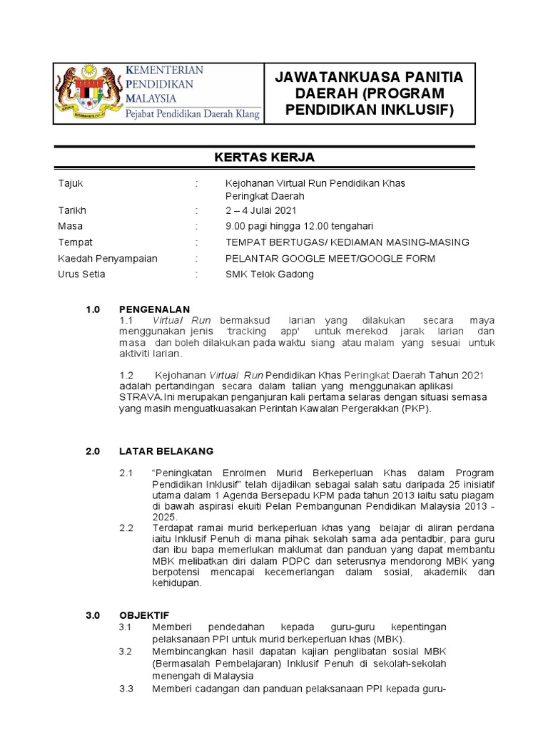 Kertas Kerja Virtual Run Peringkat Daerah | PDF