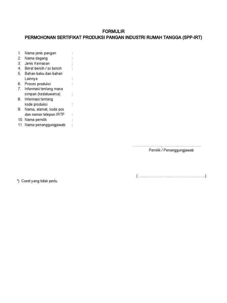 Formulir Permohonan Sertifikat SPP IRT | PDF | Bisnis | Hukum