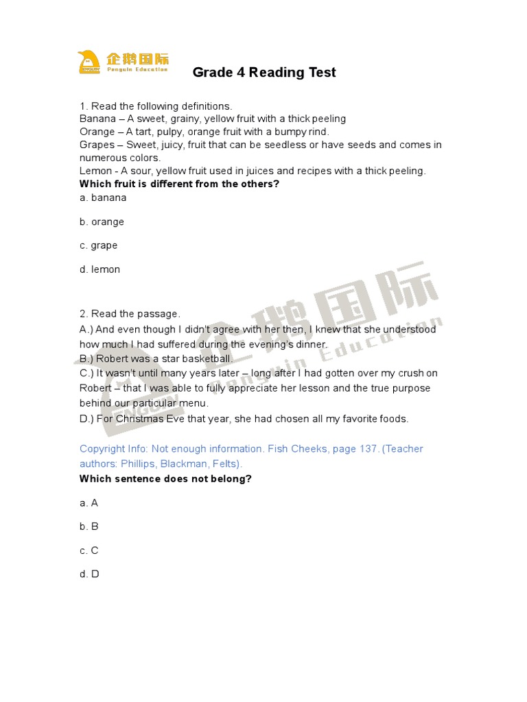 Grade 4 Reading Test | Download Free PDF | Orange (Fruit) | Fruit