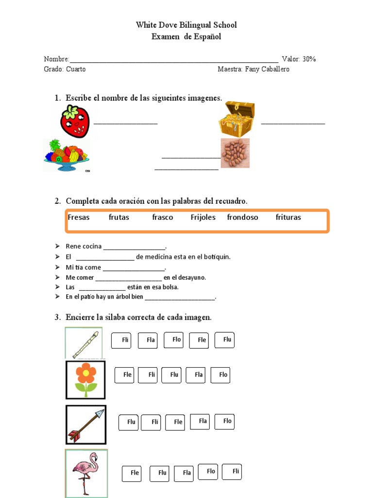 Examen de Español para Cuarto Grado | PDF