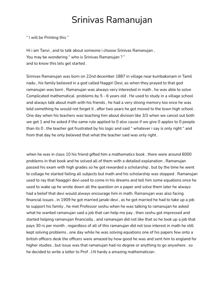 Srinivasa Ramanujan: A Brief Biography | PDF | Mathematics