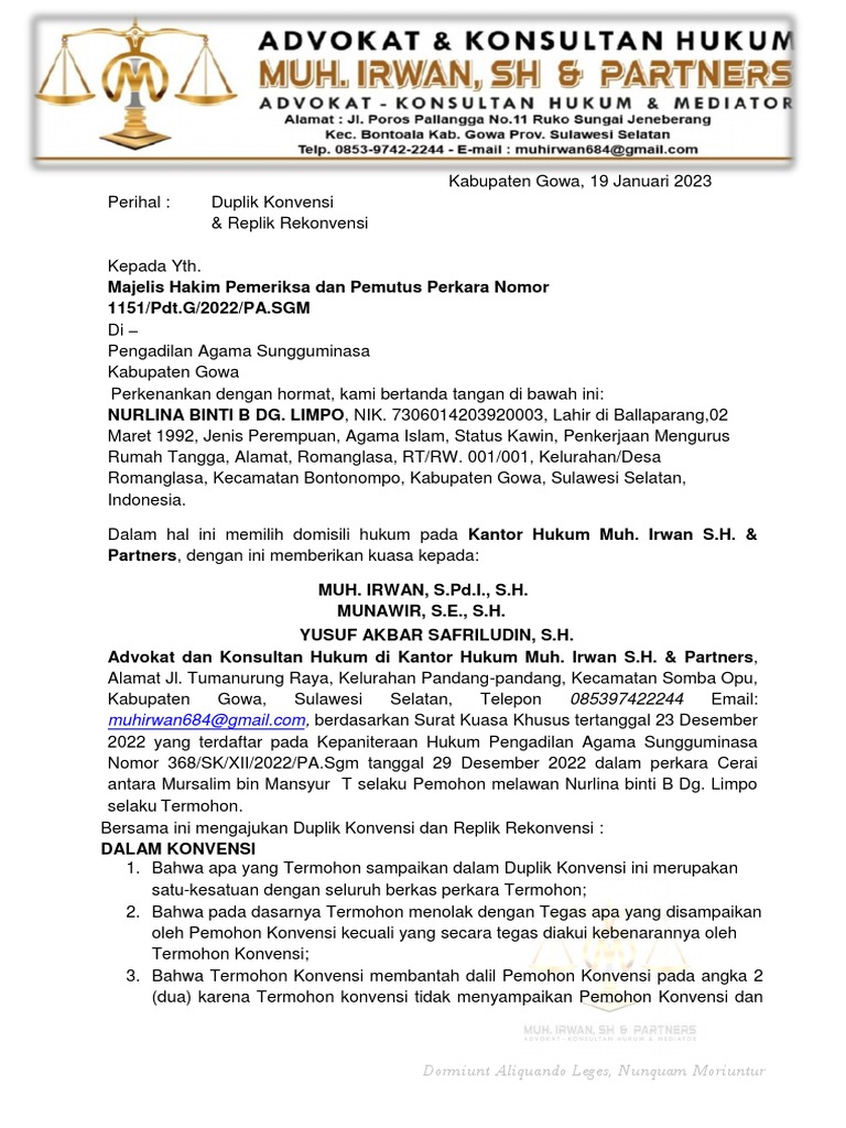 Duplik Konvensi & Replik Rekonvensi | PDF