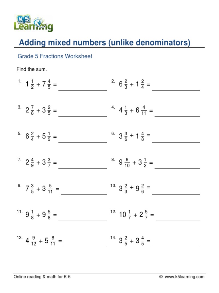 Grade 5 Adding Mixed Numbers Unlike B | PDF | Mathematical Objects ...