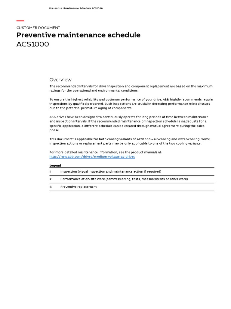 Preventive Maintenance Schedule ACS1000 RevB | PDF | Capacitor | Pump