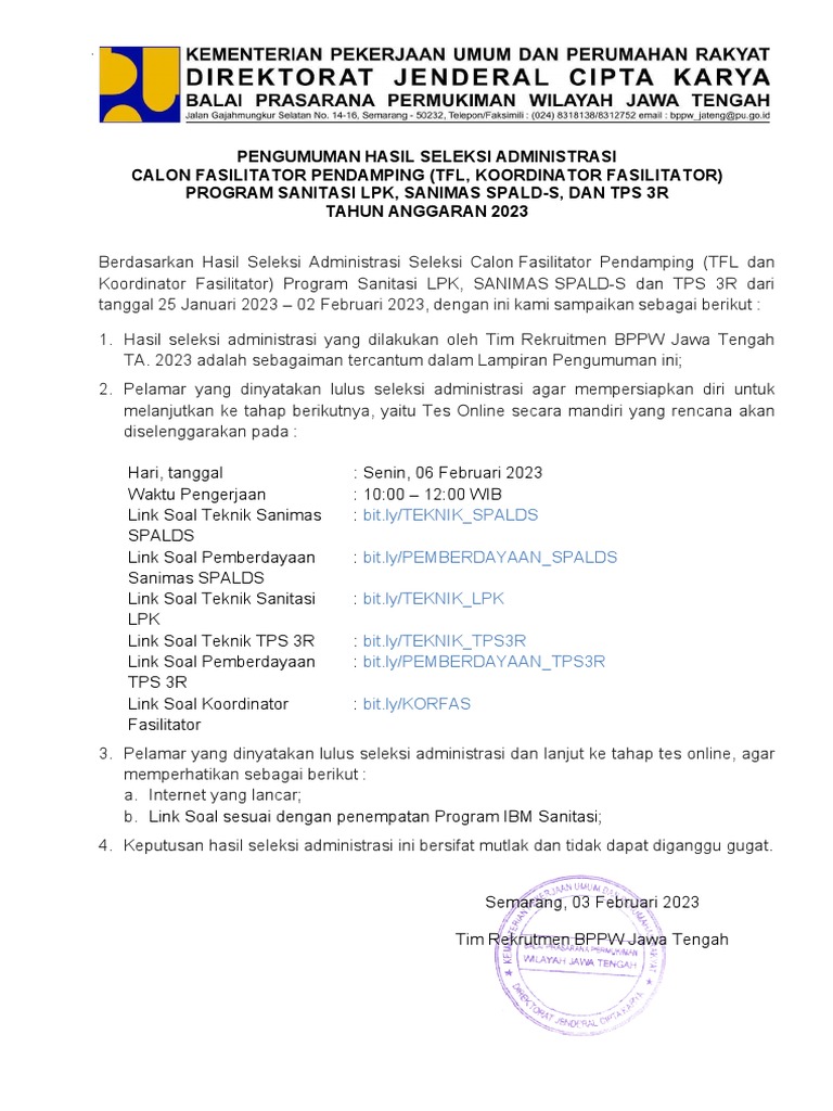 Pengumuman Hasil Seleksi Administrasi IBM Sanitasi 2023 | PDF