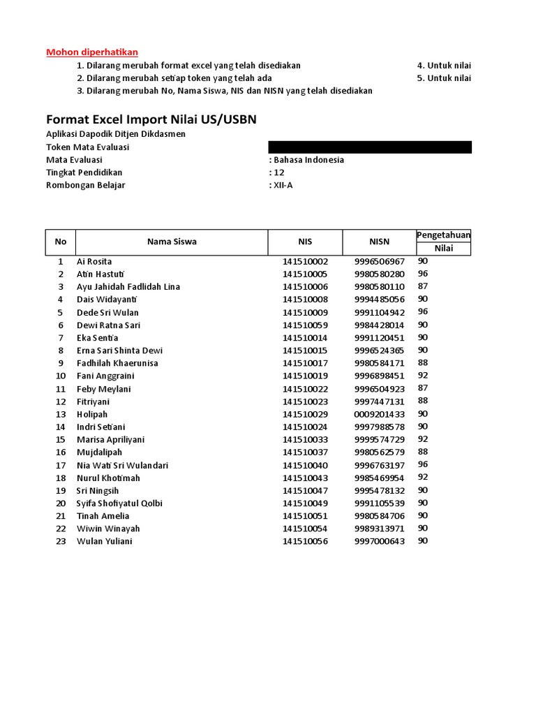 format-nilai-us-usbn-20162-XII-A-Bahasa Indonesia | PDF