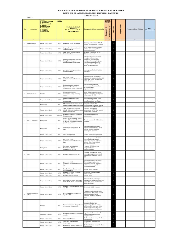 2023 Daftar Risiko Peningkatan Mutu Keselamatan Pasiean Tahun 2023 NEW | PDF
