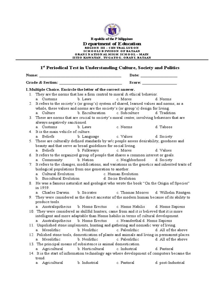 1 ST Quarterly Examination UCSP | PDF | Homo | Hunter Gatherer