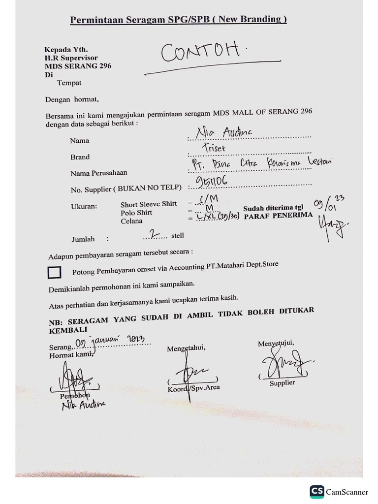 Contoh Pengisian Form Permintaan Seragam | PDF